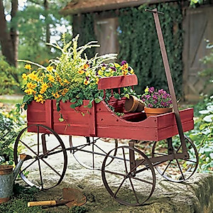 Collections Etc Amish Wagon Decorative Indoor/Outdoor Garden Backyard Planter, Red