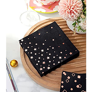 100 Black and Rose Gold Napkins - 4 Assorted Designs, 3-Ply Cocktail Napkins Folded 5x5 Inches Bar Napkins Disposable Beverage Party Napkins Paper Napkins Dinner for Wedding Birthday