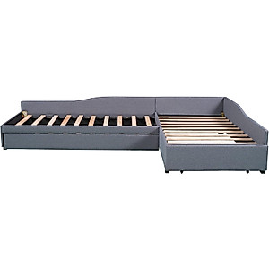 CITYLIGHT Upholstered L-Shaped 2 Twin Beds with Trundle and Storage Drawer, Wood Linen Corner Bed for Kids Girls Boys Teens Bedroom, Grey