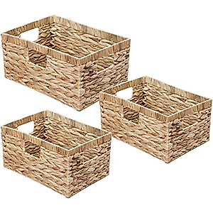OUTBROS Water Hyacinth Storage Baskets, Hand-Woven Baskets Storage Box with Handles, Nesting Wicker Basket Sets, Waterproof Woven Storage Bins for Shelves, Rectangle, 3-Pack