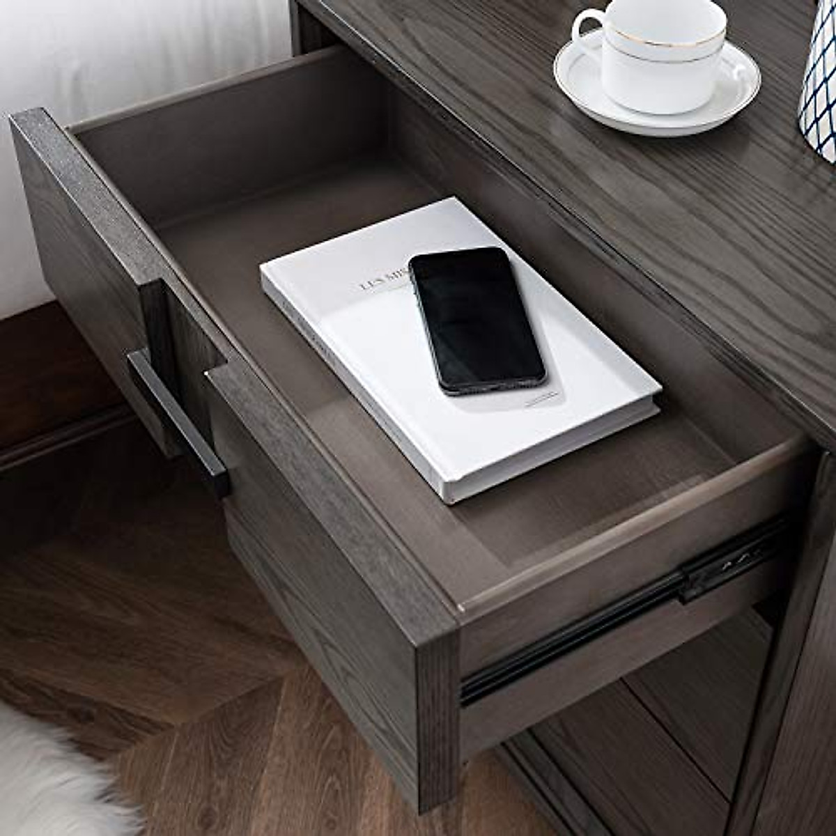 Leick Home 9075 Assembled Recessed Drawer and Bottom Door Nightstand Side Table with AC/USB Charger, Gray