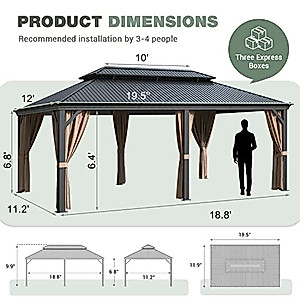 Greesum 12'x20' Hardtop Metal Gazebo, Outdoor Galvanized Steel Double Roof Canopy, Aluminum Frame Permanent Pavilion with Netting and Curtains for Lawns, Patio, Backyard and Deck
