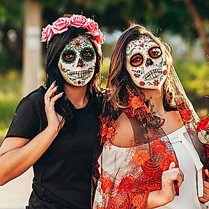 Day of the Dead Face Tattoos, 10 Pack Día de Los Muertos Temporary Face Sticker Kit, Halloween Decorations Sugar Skull Costume Makeup Decor, Glitter Red Roses Skeleton Full Face Mask Tattoos Temporary