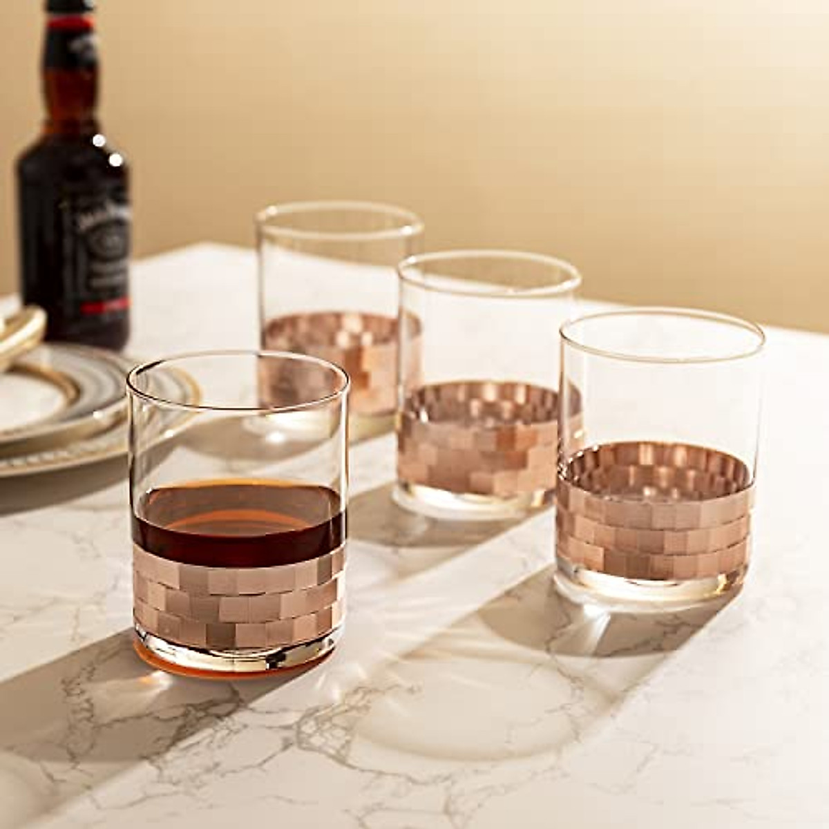 MyGift Whiskey Glasses Set of 4, Cocktail Mixed Drink Beverage Tumbler Drinkware with Copper Plating Bottom Rim