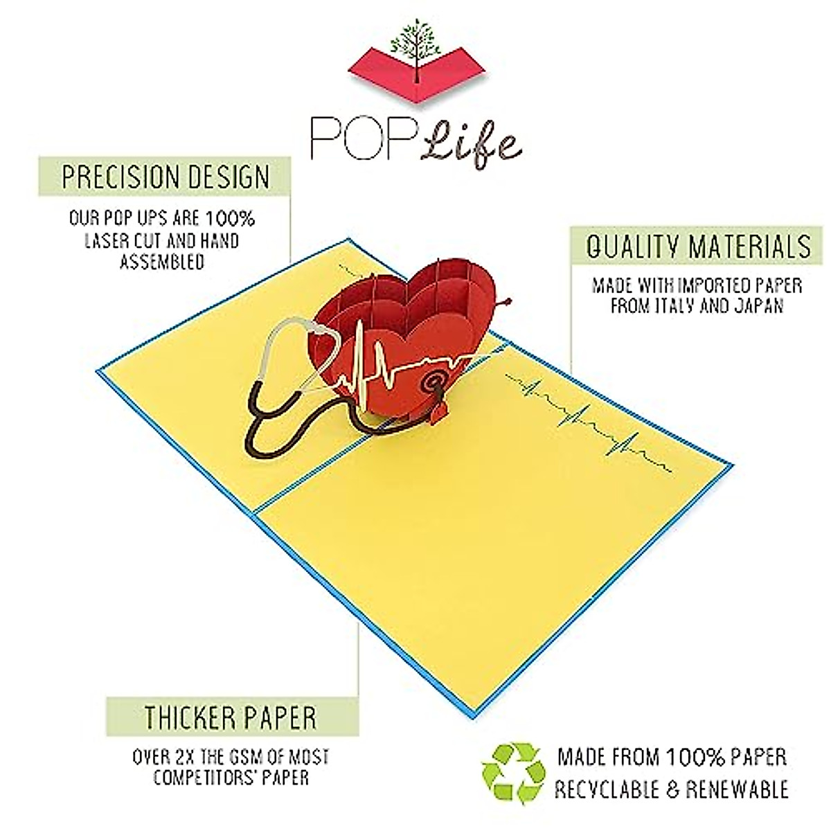 PopLife Healthcare Heart 3D Pop Up Card, For Doctors, Nurses, EMTs, Essential Medical Staff - Hospital Thank You Note - Pop Up Valentines Card - Anniversary Pop Up Mother's Day Card, Happy Birthday
