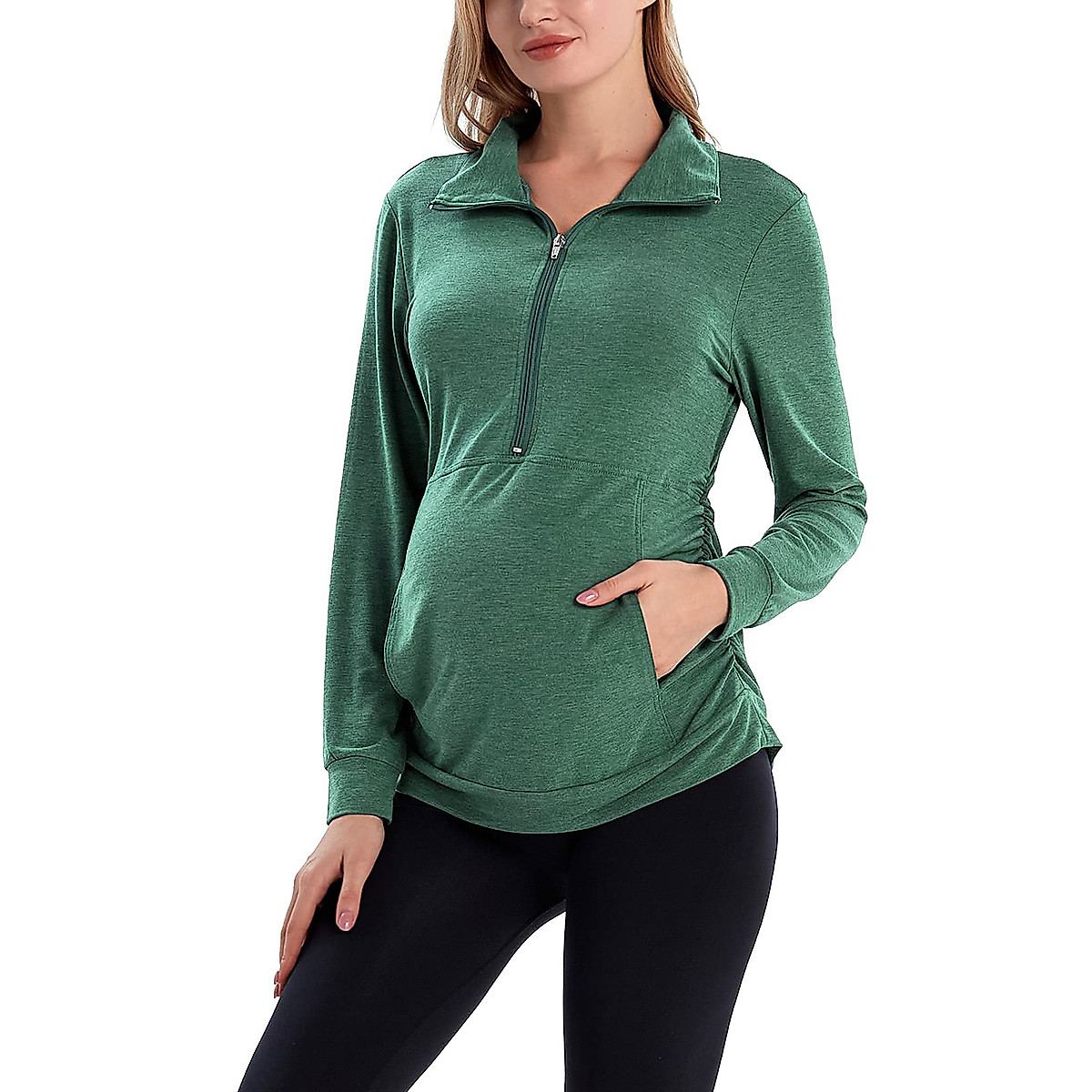 GINKANA Maternity Long Sleeve Shirt Lapel Zipper Casual Lightweight Maternity Top Shirts with Pockets,Green,S