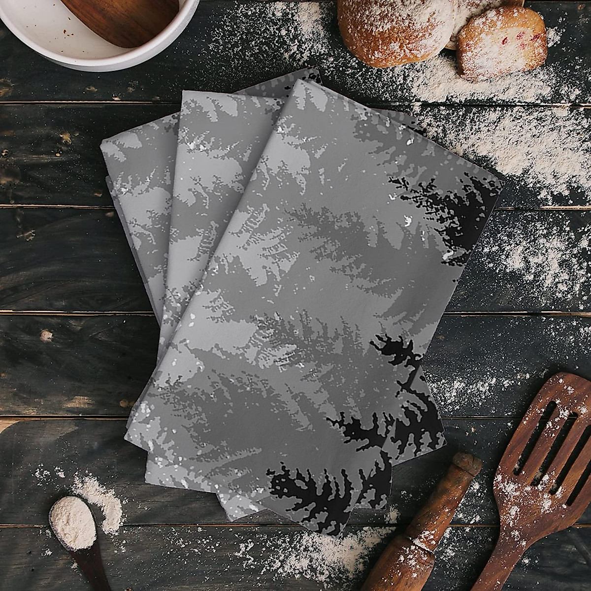 2 PCS Fall Autumn Tree Kitchen Towels 18"x28" Absorbent Cleaning Cloths for Drying Dish,Reusable Kitchen Rags Soft Terry Hand Tower Forest Grey Black Wood-Land Mountain Washable Dish Towel Dishcloths