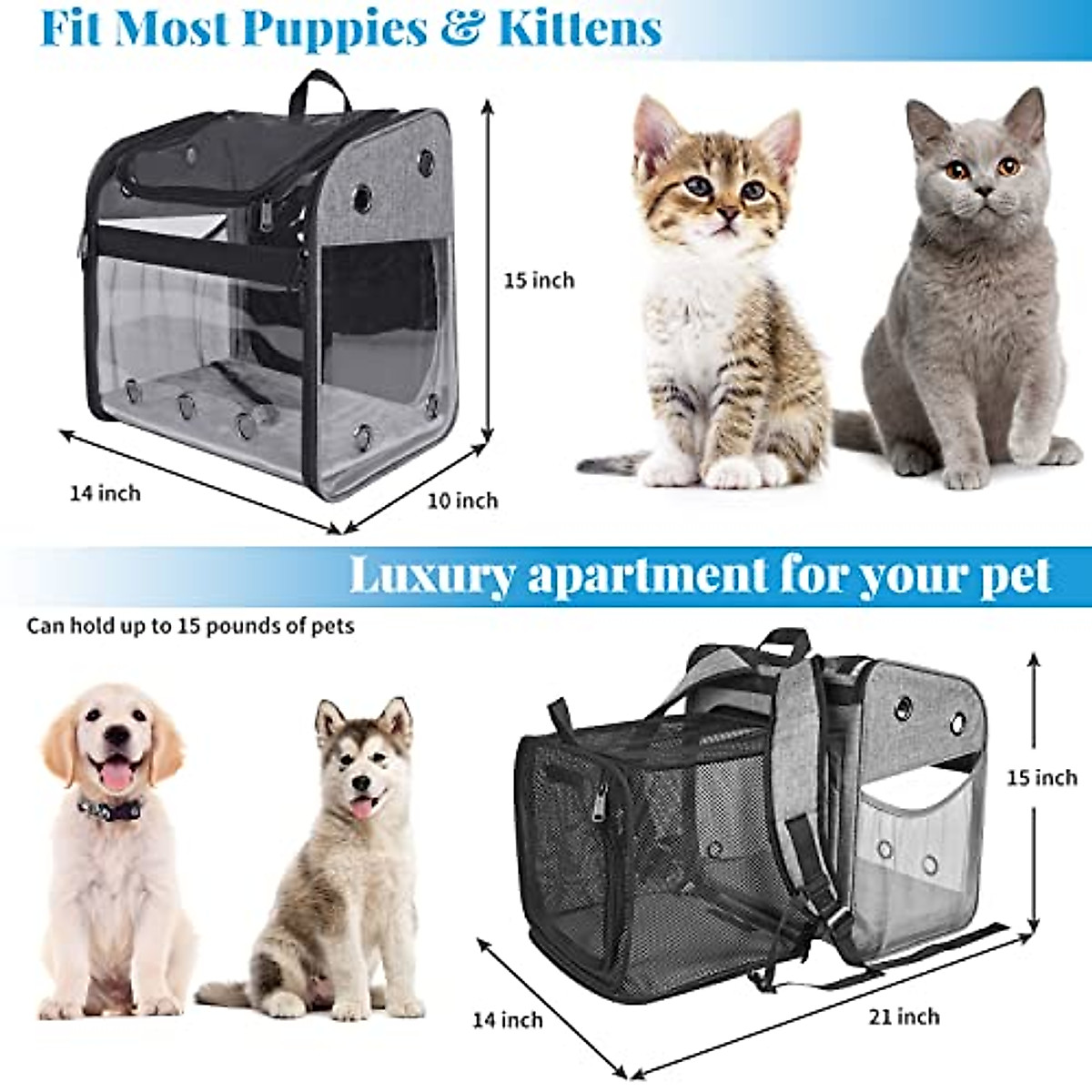 Expandable Cat Backpack Carrier, Breathable Mesh Pet Carrier Backpack for Cats, Dogs, Rabbits, Small Pets, Clear Foldable Cat Pack Backpack with Waist Pad for Walking, Travel, Hiking, Camping, Outdoor