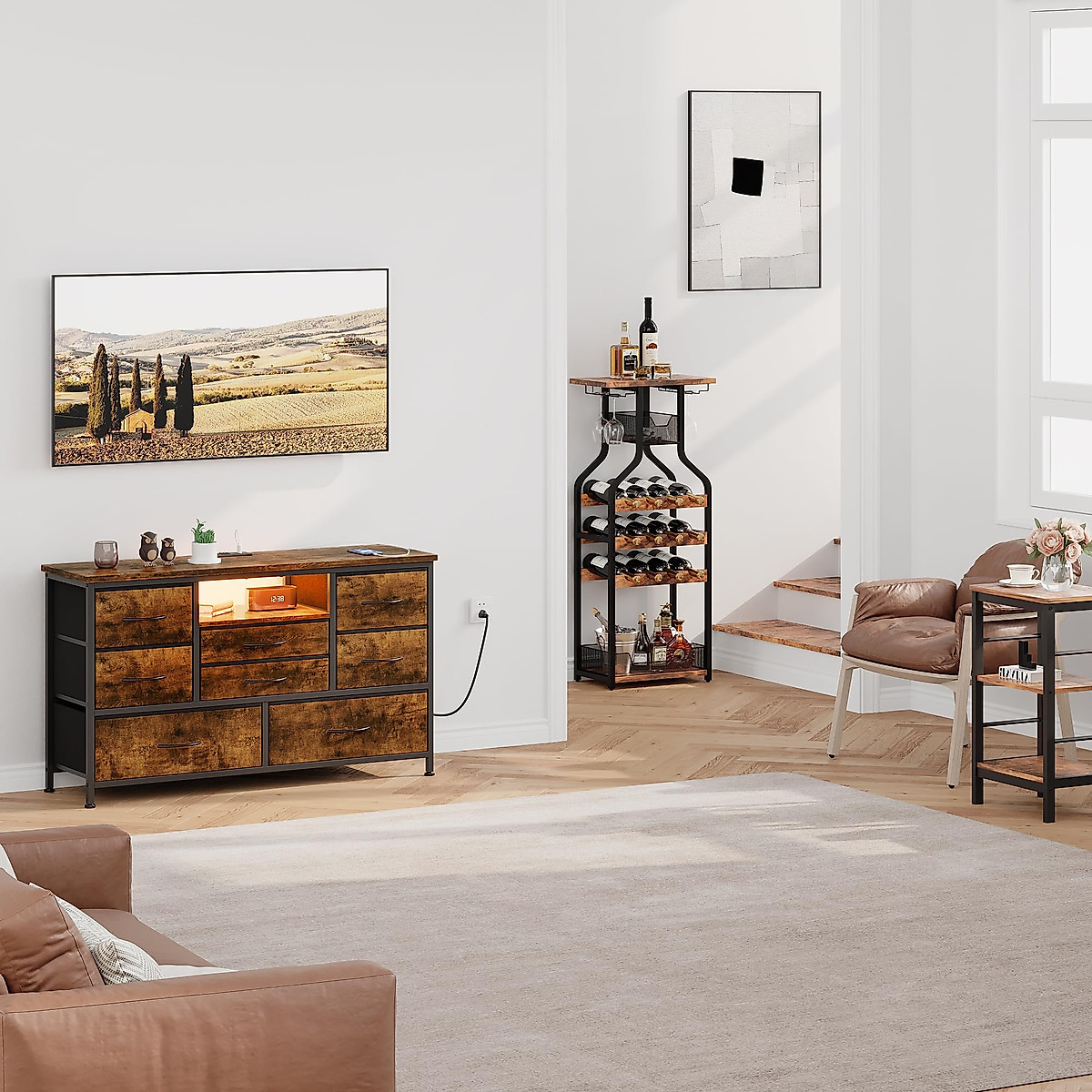 Jojoka 8 Dresser TV Stand with Power Outlet & LED for 55'' TV, Long Dresser for Bedroom with 8 Deep Drawers, Wide Console Table for Storage in Closet, Living Room, Entryway, Wood Top