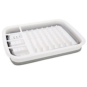 Kitchen Details Collapsible Dish Drying Rack | Space Saver | Aerated Bases Drain Holes | Plates, Bowls, Utensils Compartments | Countertop and Sink Storage | White/Grey