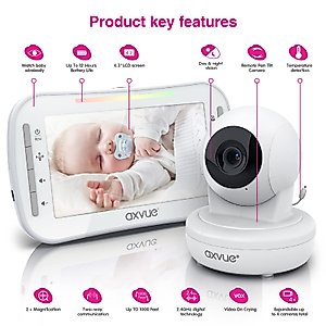 AXVUE Video Baby Monitor with 4.3" LCD Screen (High Resolution) and Remote Pan-Tilt-Zoom Camera Infrared Night Vision Extended Battery Long Range 1,000 feet