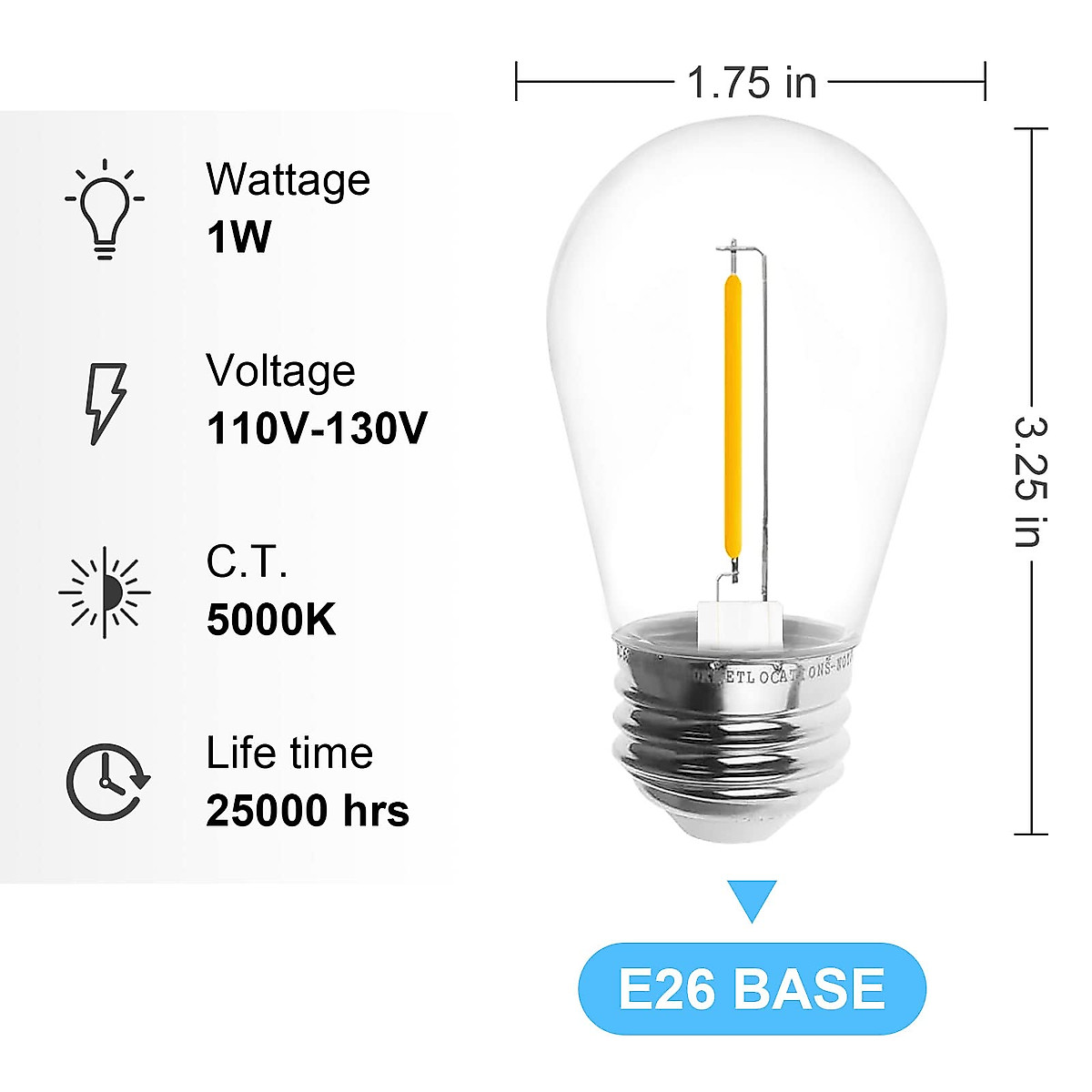 Jslinter S14 5000K Daylight Outdoor String Lights Bulbs Replacement, Shatterproof & Waterproof, 1 Watt LED 11W Equivalent, E26 Base Non-dimmable, Edison Vintage Style for Patio Garden, 24-Pack