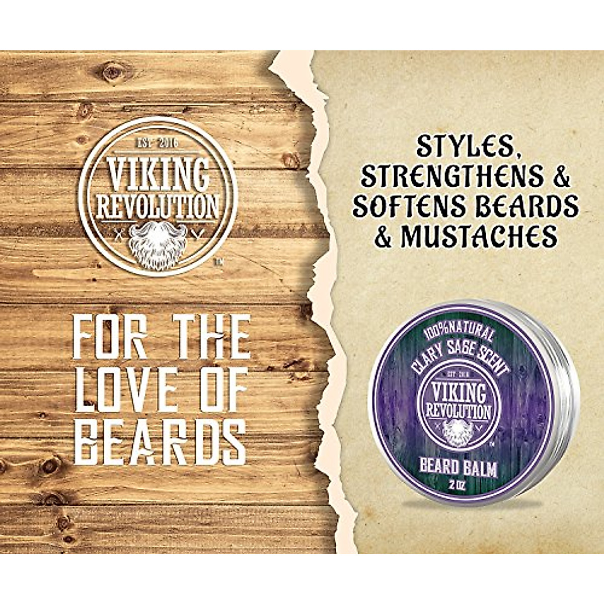 Viking Revolution Beard Balm with Clary Sage Scent and Argan & Jojoba Oils - Styles, Strengthens & Softens Beards & Mustaches - Leave in Conditioner Wax for Men