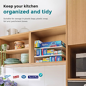 Oylik Expanadable Foil and Plastic Wrap organizer, 3 Tier Stackable Kitchen Cabinet Pantry Storage Shelf, Height Adjustable, Kitchen Organizers and Storage Rack Boxes of Foil Plastic Saran Wrap