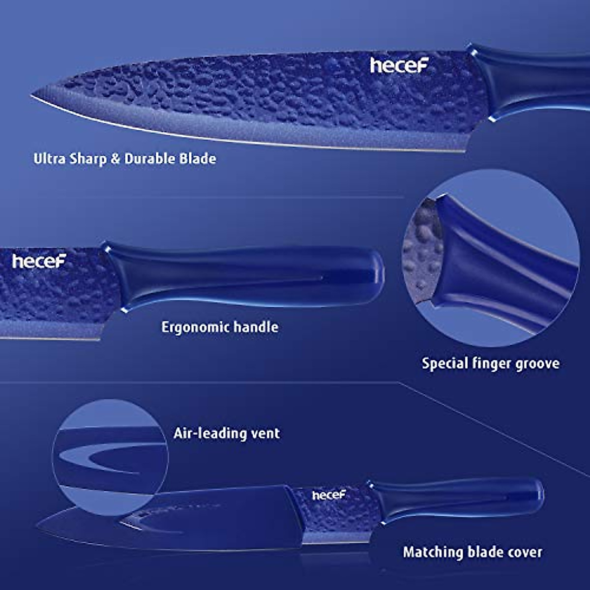 hecef Galaxy Blue Kitchen Knife Set of 5, Non-slip Metallic Ceramic Coated Chef Knife Set, Hammered Blade with Plastic Handle and Protective Blade Sheath
