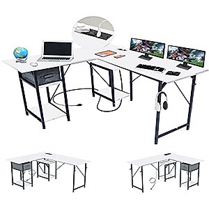 DLIUZ White L Shaped Desk with Drawers，L Modern Desk,Computer Gaming Desk with USB Charging Port and Power Outlet， 2 Person Long Writing Study Table with Shelves Reversible Home Office Corner Desk