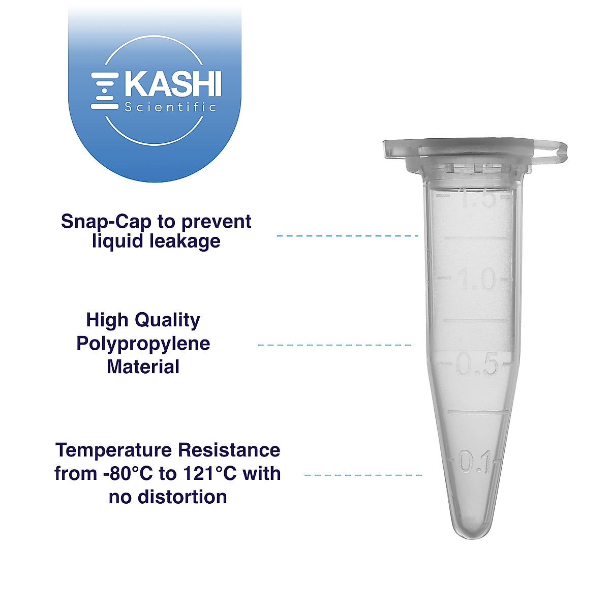 Kashi Scientific 1.5mL Microcentrifuge Tube with Snap Cap [1000/Pack] 1.5 mL Centrifuge Tubes with Flip Cap, Clear Graduation, Polypropylene, Plastic Lab Snap Tubes