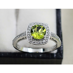 Natural Yellow Peridot 7 MM Round Cut August Birthstone Gemstone 925 Sterling Silver Solitaire Unisex Proposal Ring For Wedding Gift (Rhodium Plated Silver, 6.5)