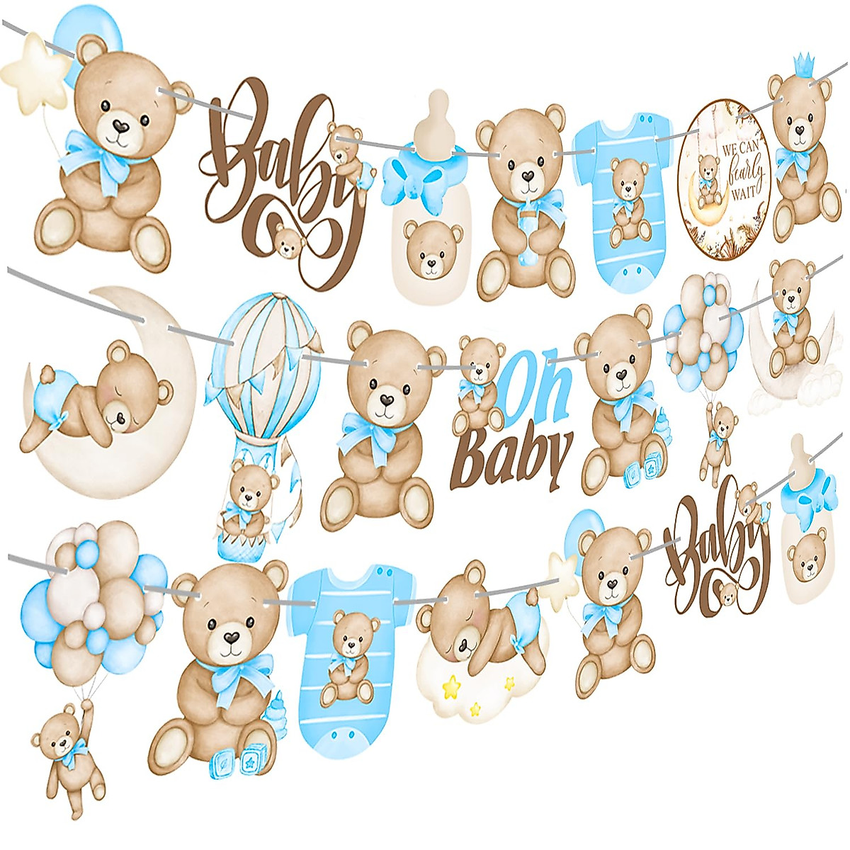 Teddy Bear Party Banner 3Pcs We Can Bearly Wait Baby Shower Decorations Blue Bear Baby Shower Banner for Baby Boy Gender Reveal Party Decorations