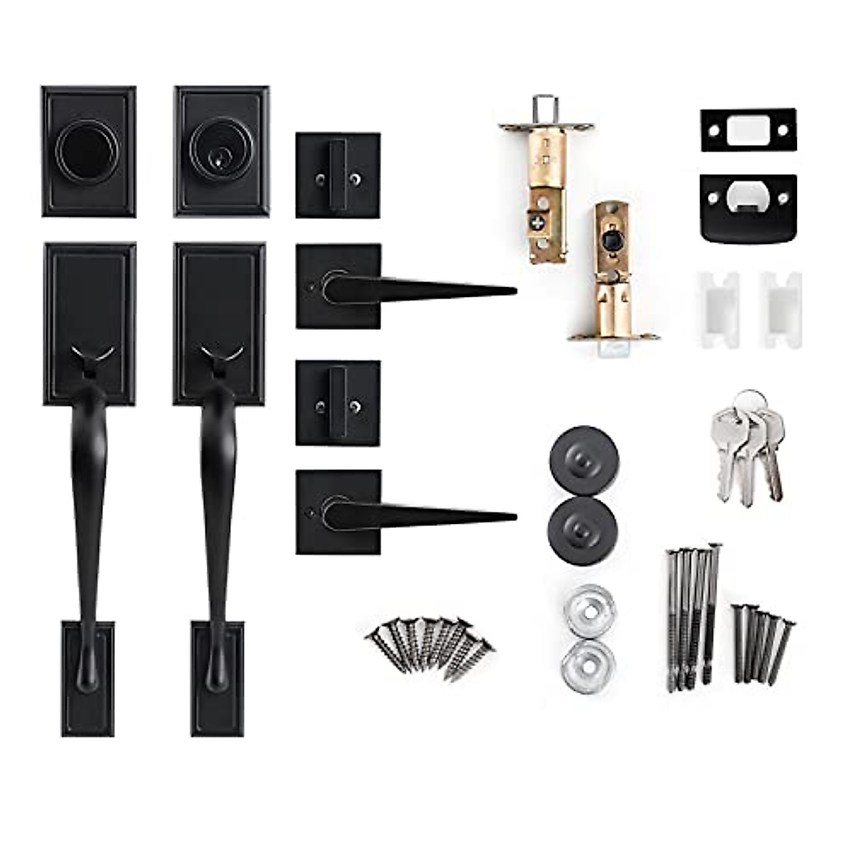 GUA OYH Double Front Door Handle Matte Black Double Door Lock Keyed Dummy Door Lock Set with Handle Lever for Front Door or Office Door (L361516-B-S118)