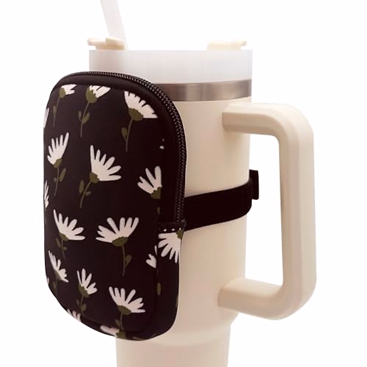 NOLI JUNE - Black Floral Neoprene Pouch for Stanley Quencher 18oz to 40oz - Adjustable Strap, Zipper Closure, Unisex Travel Accessory - Water Bottle Tumbler Carrier
