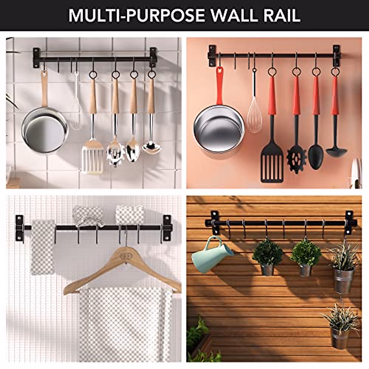 20 Inch Pot Rack Wall Mounted - Pot and Pan Hanger Kitchen Pan Lid Utensil Hanger Organizer Hanging Rail with 16 S Hooks Black 2-Pack