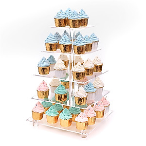 Antimbee 5 Tier Clear Acrylic Cupcake Stand with Gold LED Light String, Square Cup Cake Holder Tower Display