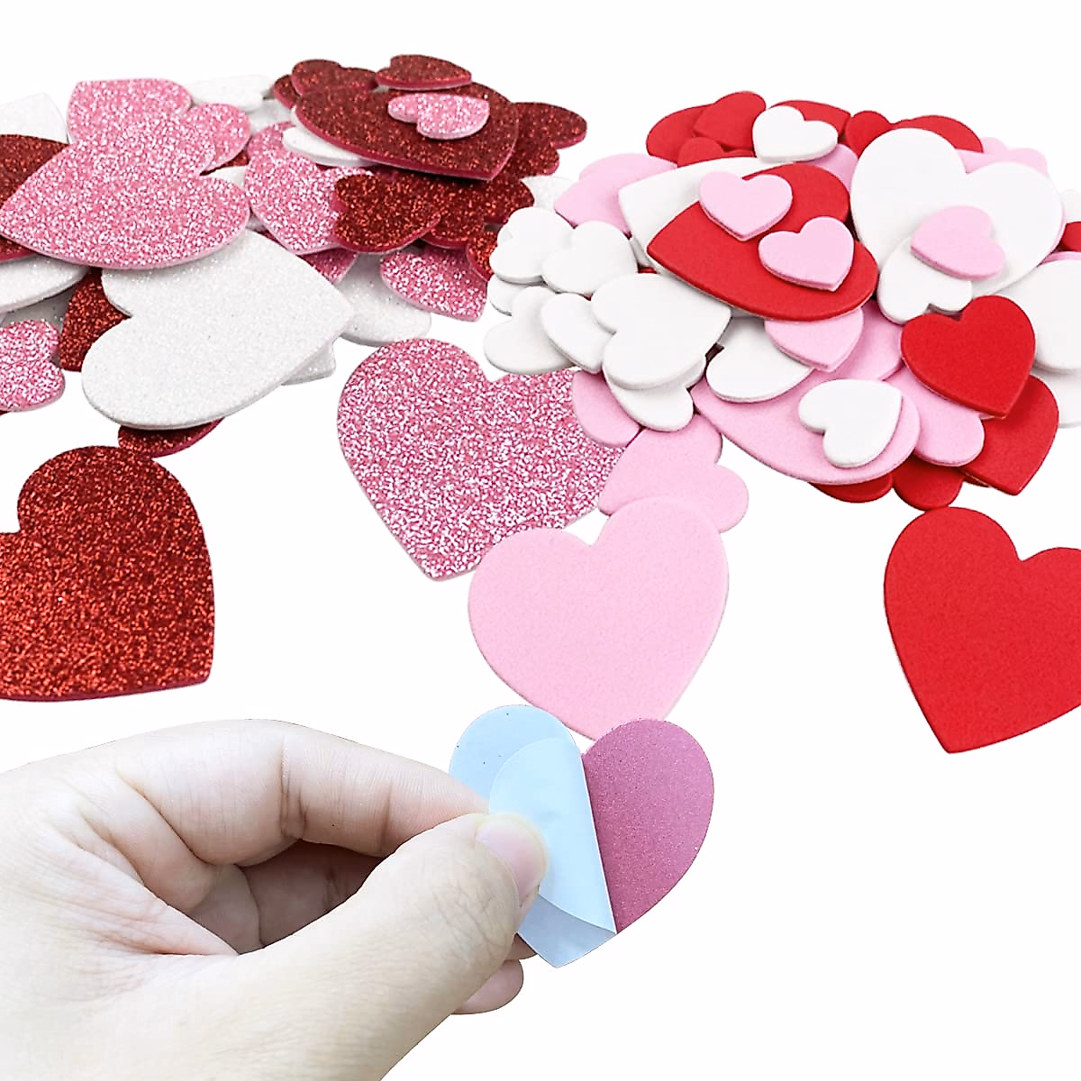 QINGQIU Valentines Day Crafts Set with 100 Heart Doilies, 4 Bags Foam Heart Stickers for Valentines Day Decor Kids Decoration Gifts Party Supplies