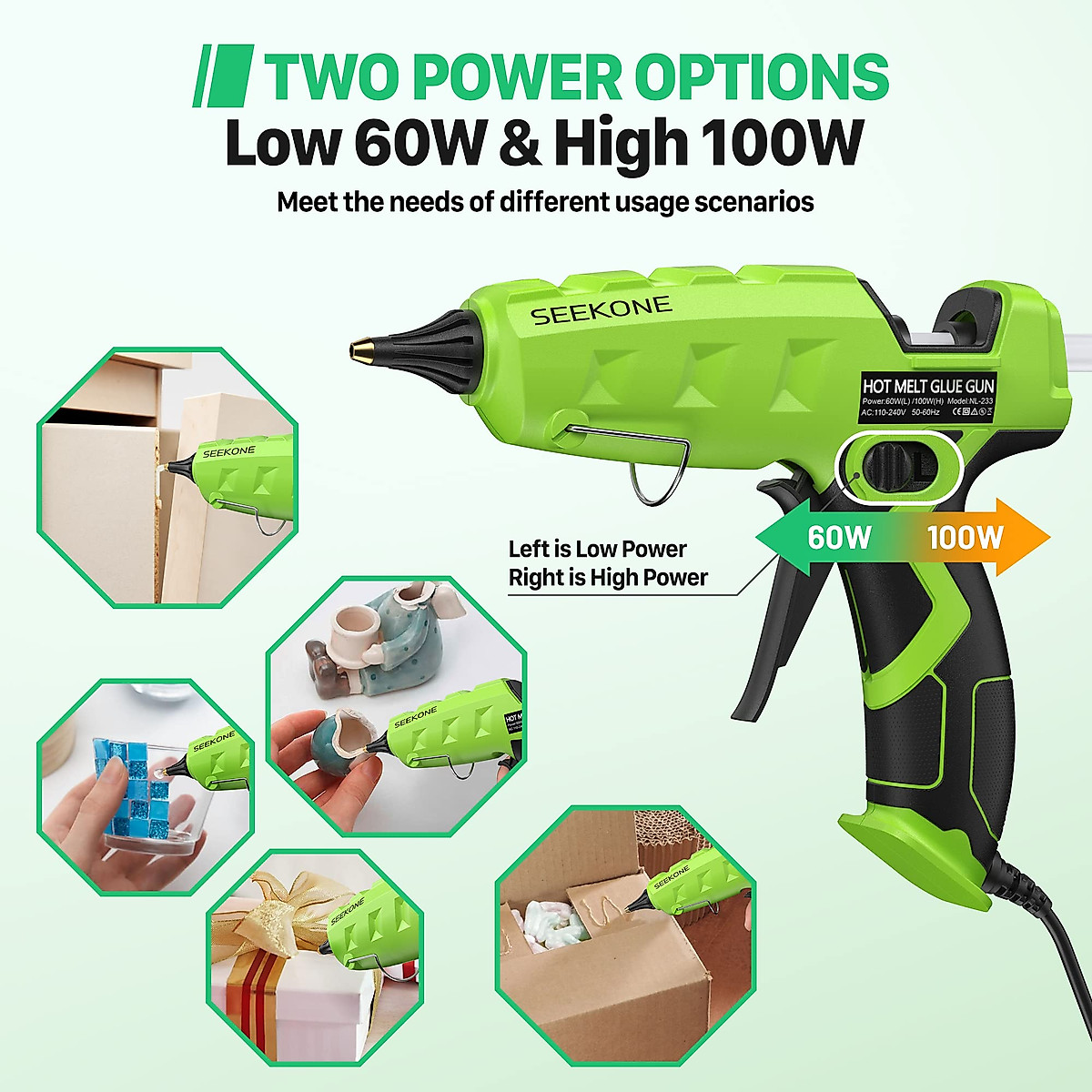 SEEKONE Full Size Hot Glue Gun, 60/100W Dual Power Large Glue Gun with 20 Pcs Premium Glue Sticks,High Temp Heavy Duty Industrial Glue Gun Kit for Quick Home Repairs, Arts, Crafts, DIY, Sealing