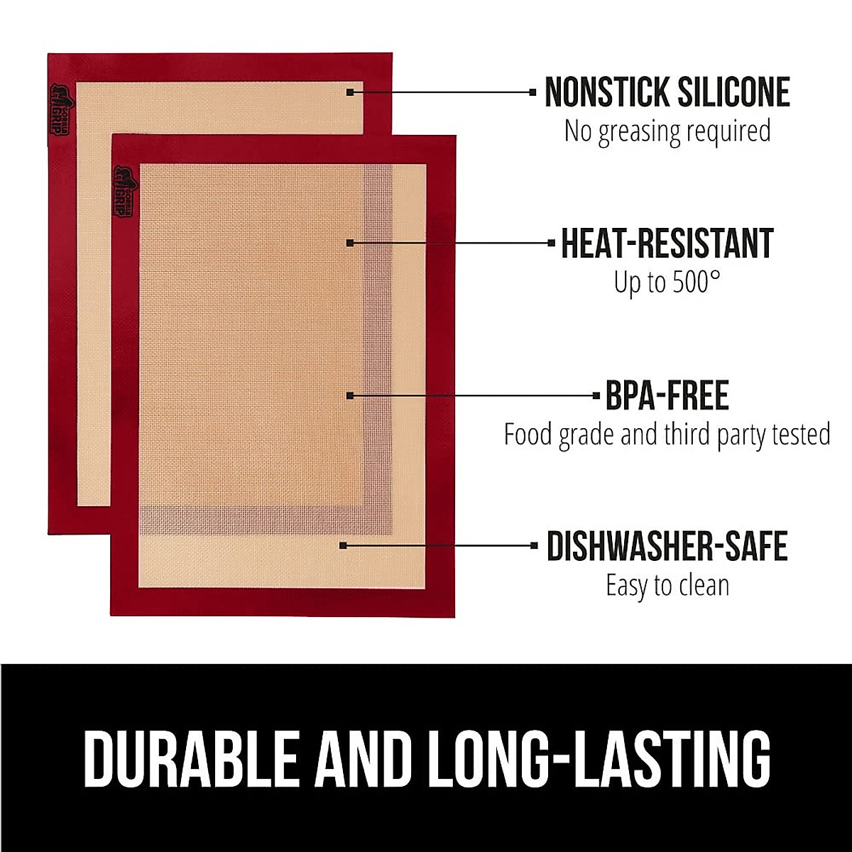 Gorilla Grip Silicone Oven Mitts Set of 2 and Silicone Baking Mats Set of 2, Silicone Oven Mitts are 14.5 Inch, Quarter Sheet Silicone Baking Mats, Both in Red Color, 2 Item Bundle