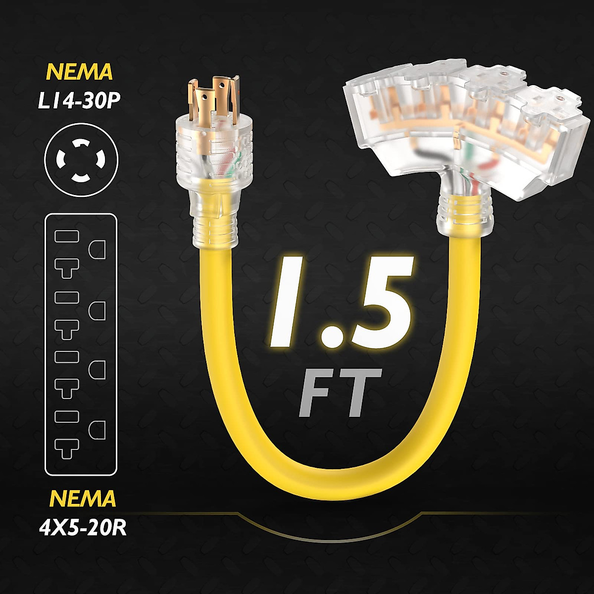 TOOLIOM 30 Amp to 110 Generator Adapter 4 Prong Locking Generator Cord 30 Amp to 15 Amp Adapter NEMA L14-30P/Four 5-20R Household Outlet Splitter,1.5 FT