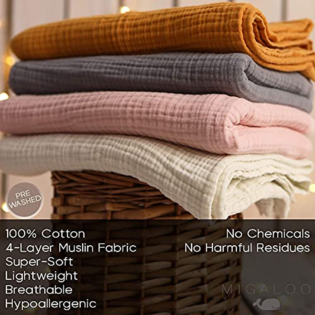 Migaloo Muslin Blankets, Baby Toddler Quilt, 4 Layers, 100 Cotton Stroller Blanket, Hypoallergenic,Super-Soft,Breathable and Lightweight Swaddle,Nursery & Crib Blanket, Large (47 X 35 h)