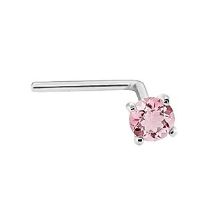 22G Solid 14Kt Gold L-Shape Nose Stud with real Pink Tourmaline Gemstone, 14kt Yellow Gold or 14kt White Gold Prong Setting - October Birthstone Nose Ring-LSWG_PTM-2.5MM