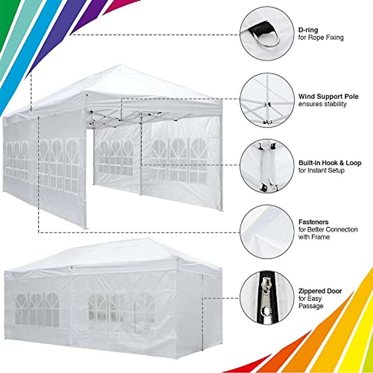 Instahibit 10x20FT 95LB Heavy Duty Outdoor Pop Up Canopy Enclosed Wedding Backyard Party Event Tent White with Sidewall
