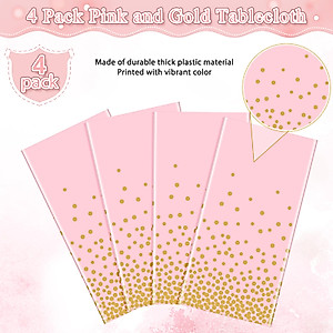 FunnyPars 4 Pack Pink and Gold Plastic Tablecloth for Parties, Disposable Table Cloth Rectangle Tables, Stamping Dot Confetti Light Birthday Wedding Baby Shower Party, 54''x108''