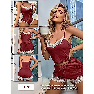 RSLOVE Women's Sexy Pajamas Sets Lace Trim Cami Shorts Sets PJ Set Lounge Set Sleepwear Wine Red Small