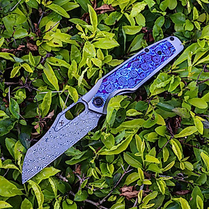 KANSEPT Tuckamore Camping Pocket Knives for Men 8.12in Folding Pocket Knives with 3.54in Damascus Material and Titanium Timascus Timascus Clip Handle for Outdoor, Tactical, Survival K1052A7
