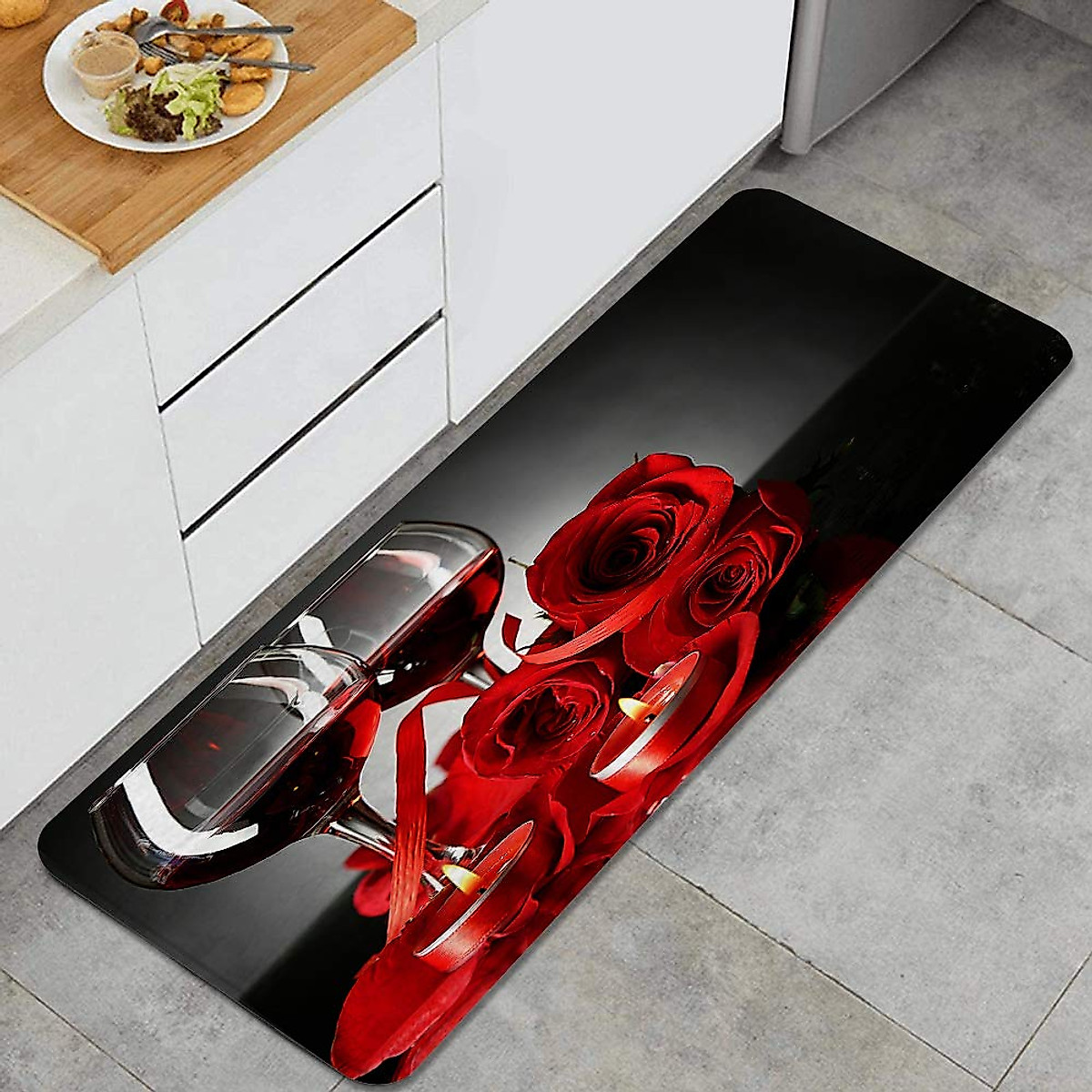 Home Decor Personalized Memory Foam Anti-Fatigue Kitchen Floor Mat,red Wine in Glasses red Rose and Decorative Heart on Dark,Comfort Office Standing Area Rug Carpet Non Slip,47.2" x 17.7"