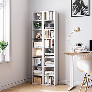 Bamjoy 71 Inches Tall Narrow Bookshelf, 8-Tier CD DVD Slim Media Tower Rack, Corner Bookcase with Adjustable Shelves, Skinny Cubes Bookshelves for Home Office Small Space, White