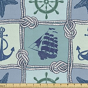 Lunarable Ship Fabric by The Yard, Nautical Themed Art Marine Starfish Wheel Anchor and Vessel Sailor's Knot, Decorative Fabric for Upholstery and Home Accents, 1 Yard, Teal Blue