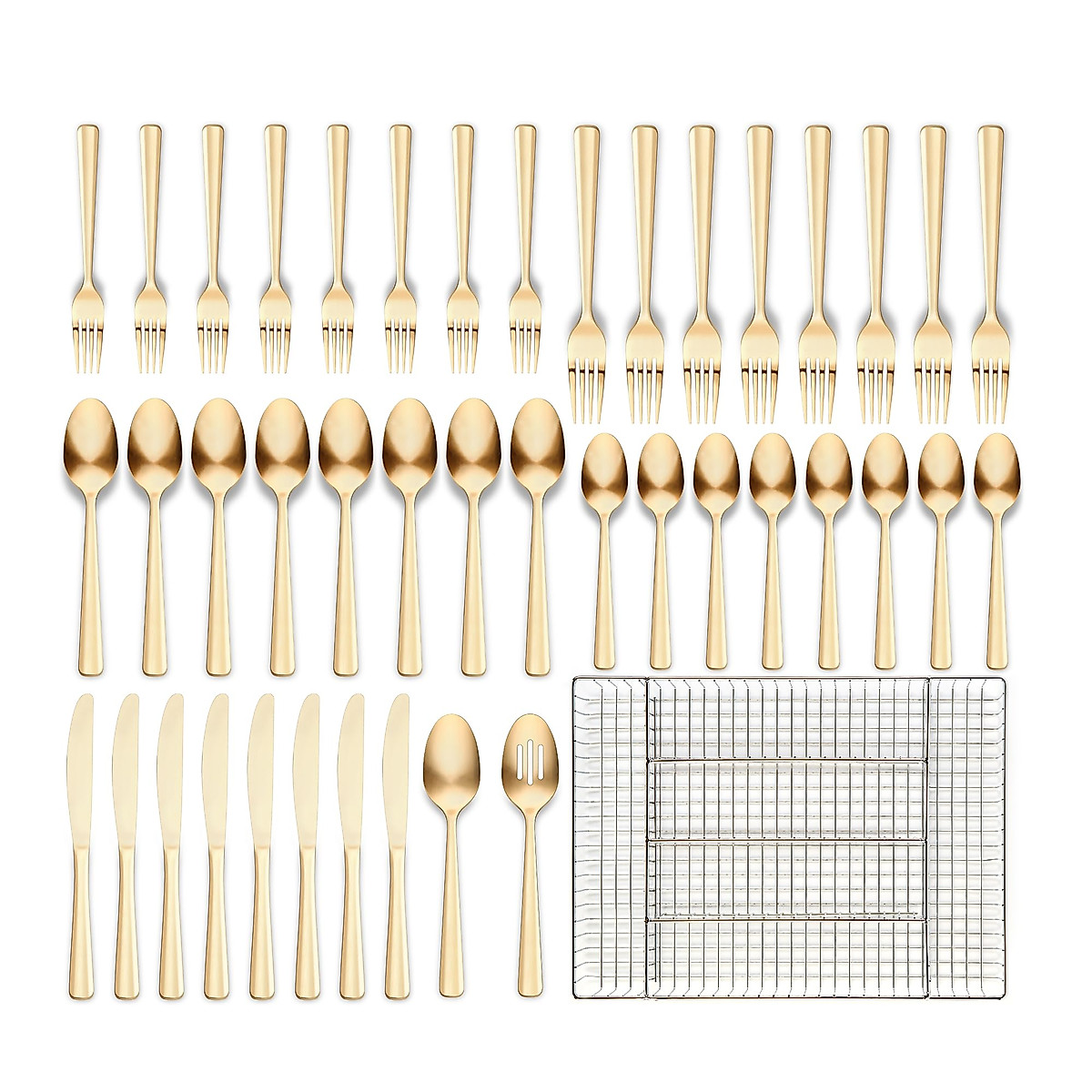 ORNATIVE - Alicja Silverware Set W/BUF with Drawer Organizer & Service for 8, Set Includes Knives, Forks & Spoons for Home, Kitchen & Restaurant, 18/0 Stainless Steel & Dishwasher Safe - 42 Pcs, Gold
