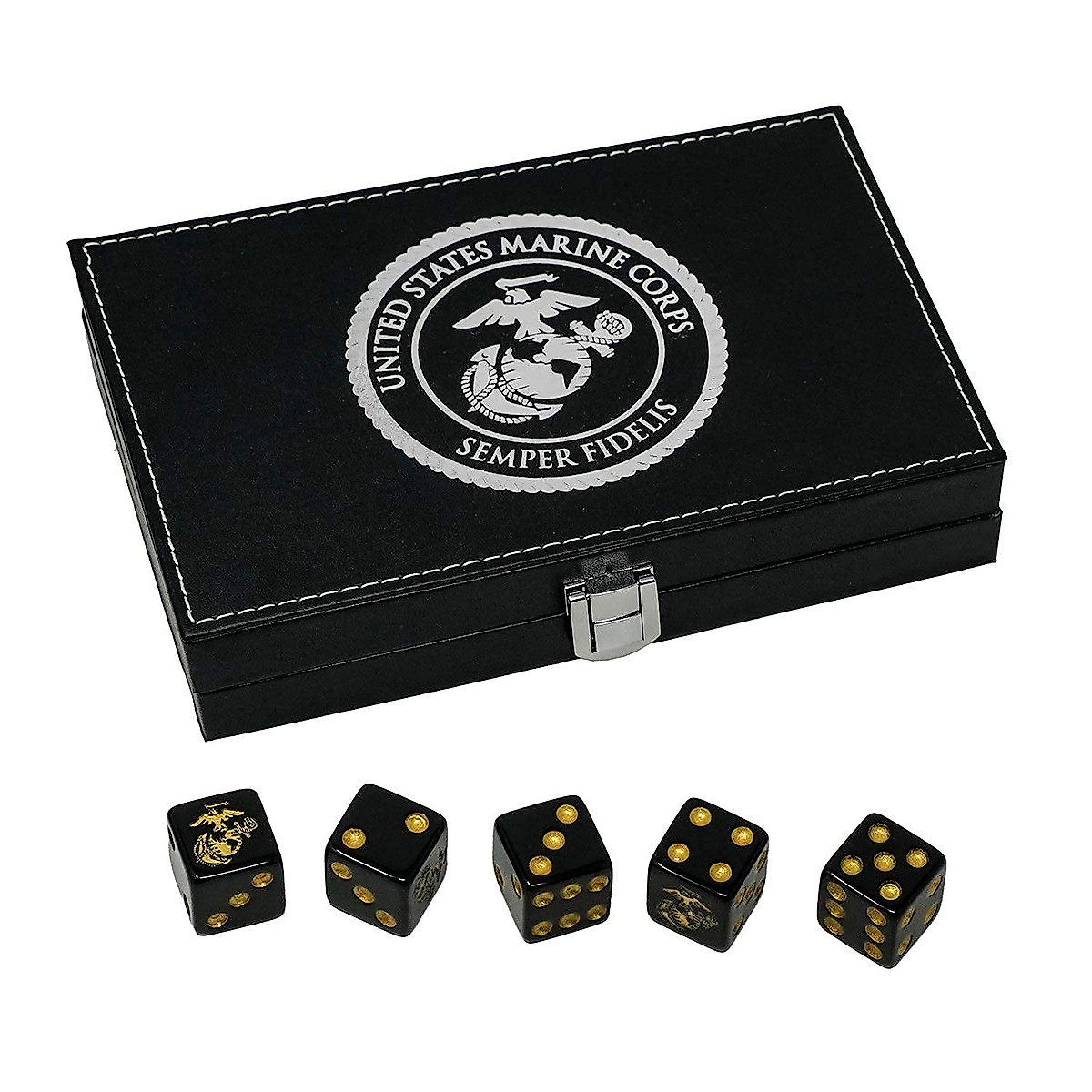 Marine Corps Playing Cards and Dice Set – Black Leather Keepsake Box, Playing Cards with USMC Rank Insignia, EGA Dice