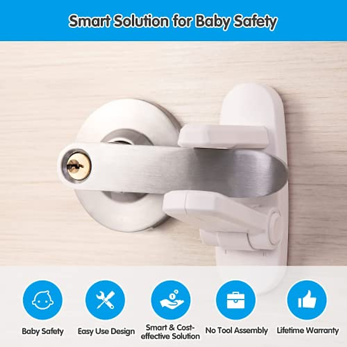 RENAISSANT 2 Pack - Childproof Door Lever Lock, Prevents Toddlers from Opening Doors, Easy One Hand Operation Door Locks for Kids Safety, ABS with Damage-Free 3M Adhesive Child Safety Door Handle Lock