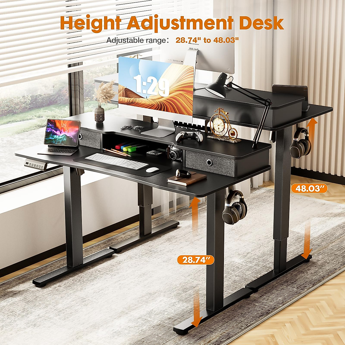 Sweetcrispy Height Adjustable Electric Standing Desk with Storage Shelf Double Drawer, 40 x 24 Inch Stand up Desk, Sit Stand Desk with Splice Board