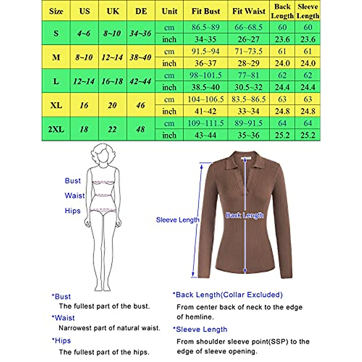 Kate Kasin Womens Polo Long Sleeve Sweater Scalloped V Neck Knit Tops Solid Ribbed Lightweight Pullover Shirts Coffee XL