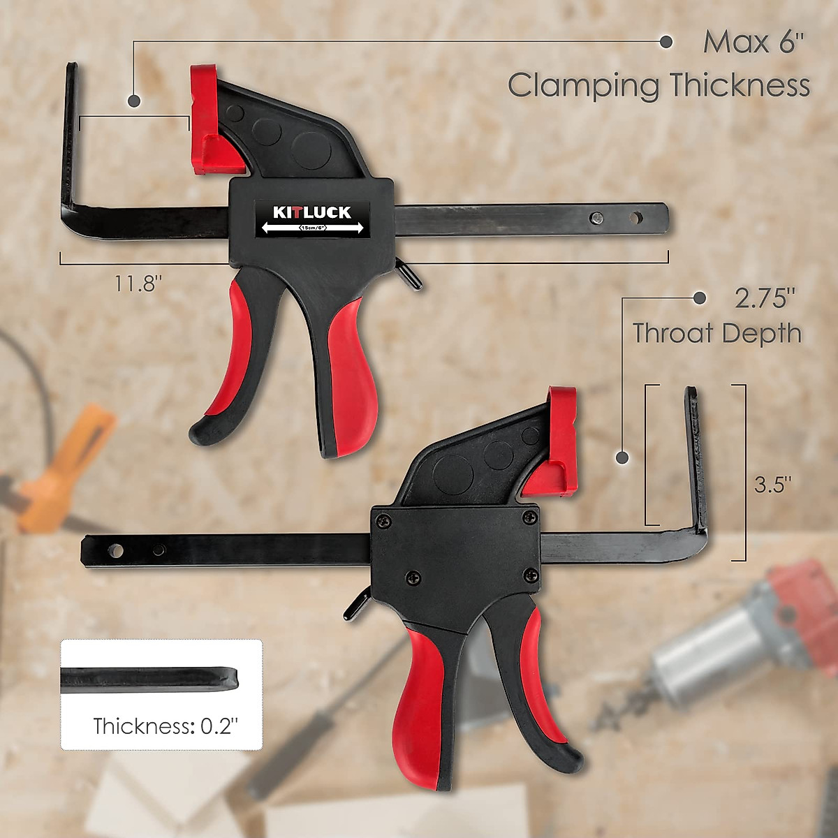 Track Saw Clamp, KITLUCK Track Saw Guide Rail Clamp for Woodworking, Quick Release Clamp for Circular Saw Guide Rail System, 6" Clamping Thickness, Universal Wood Track Clamps for Woodworking-2 Pcs