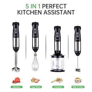 Immersion Hand Blender, 5 in 1 Multi-Purpose Hand Blender, 12 Speed+Turbo Stick Blender with 500ml Chopper, 700ml Beaker, Egg Whisk, Milk Frother, Black