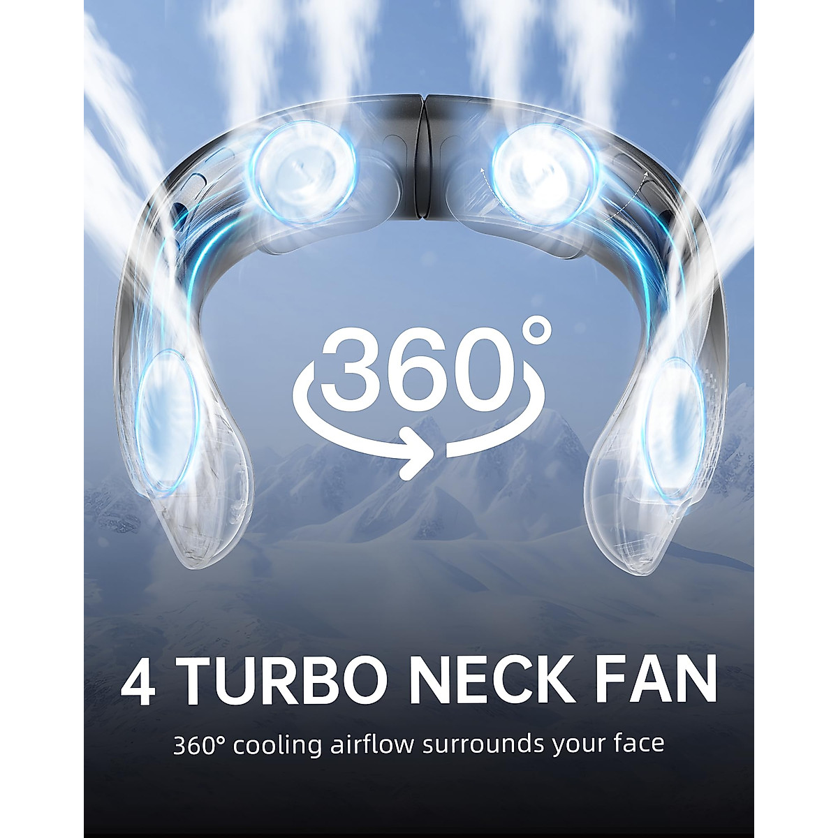 ASNUG Portable Neck Fan, 4 Turbo Neck Fan, 4000 mAh Battery Operated, USB Rechargeable Personal Fan, 3 Speeds, 360° Cooling Airflow, LED Display, Wearable Fan for Home, Office, Travel, Gifts