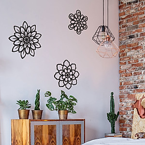 Moxweyeni 3 Pieces Metal Flowers Wall Decoration, Metal Rustic Wall Art Decoration Farmhouse Wall Decorations Multiple Floral Hanging Decoration for Bathroom Home Office(Black, Modern Style)