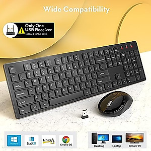 Wireless Keyboard and Mouse, Trueque Silent 2.4GHz Cordless Full Size USB Mouse Combo, Long Battery Life, Lag-Free for Computer, Laptop, PC, Windows, Mac, Chrome OS (Black)